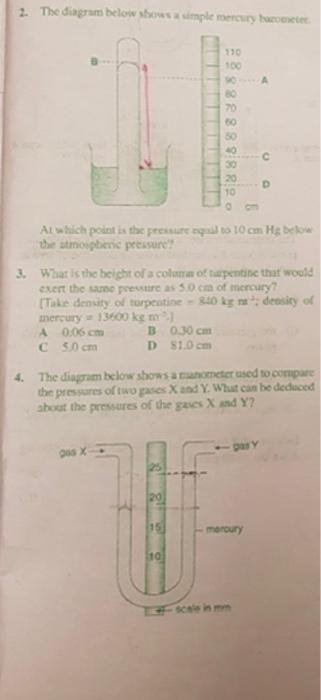 Solved 2. The diagram below shows a simple mercury barometer | Chegg.com
