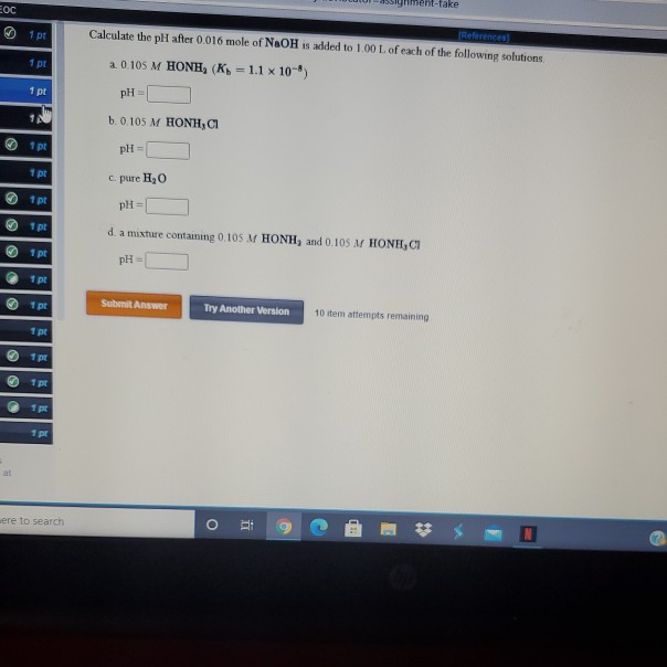 Solved Еос niment take 1 pt References Calculate the pH | Chegg.com