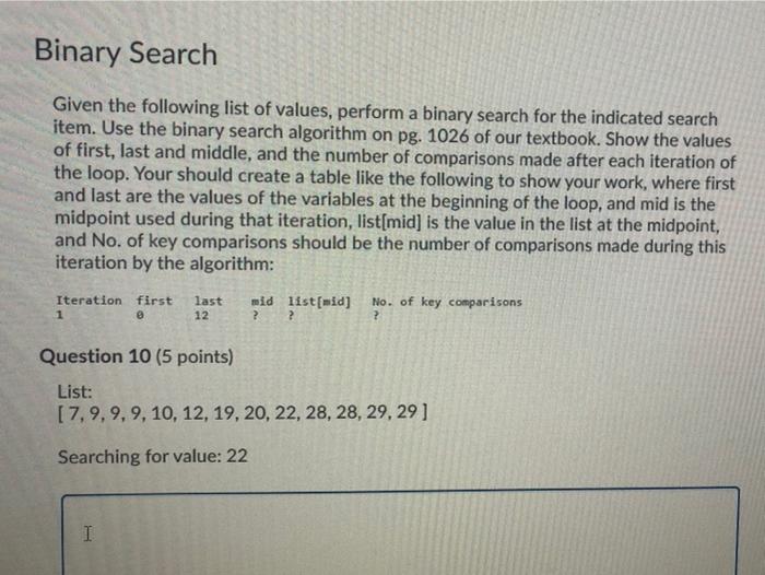 Solved Binary Search Given the following list of values, | Chegg.com