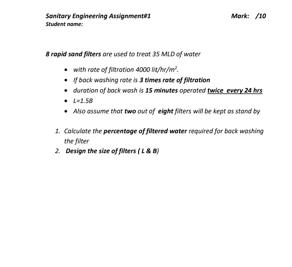 Solved Sanitary Engineering Assignment#1 Mark: /10 Student | Chegg.com