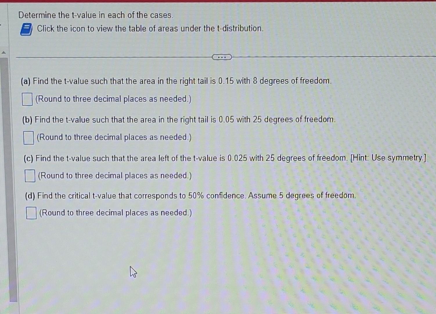 Solved Determine the t-value in each of the cases. Click the | Chegg.com