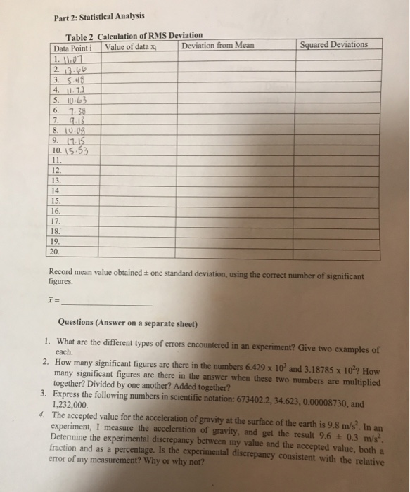 Solved Part 2: Statistical Analysis Table 2 Calculation of | Chegg.com