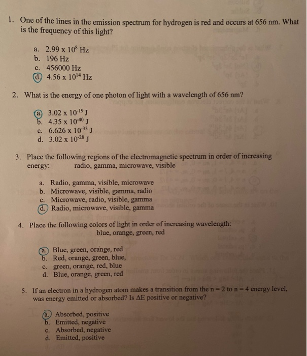 Solved 1. One of the lines in the emission spectrum for | Chegg.com