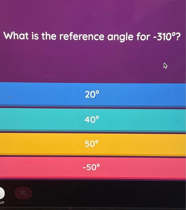 Solved What is the reference angle for -310°? 20° 40° 50° | Chegg.com