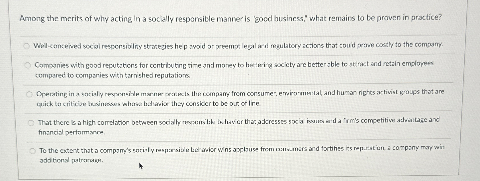 Solved Among the merits of why acting in a socially | Chegg.com