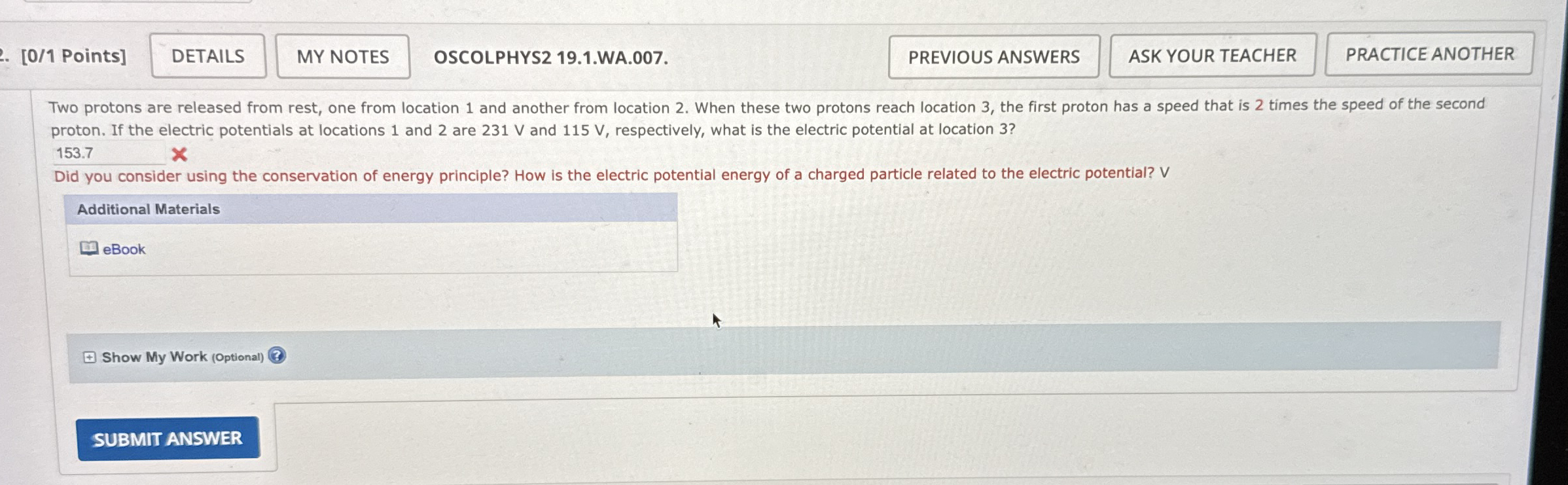 Solved [0/1 ﻿Points] ﻿OSCOLPHYS2 19.1.WA.007.Two protons | Chegg.com