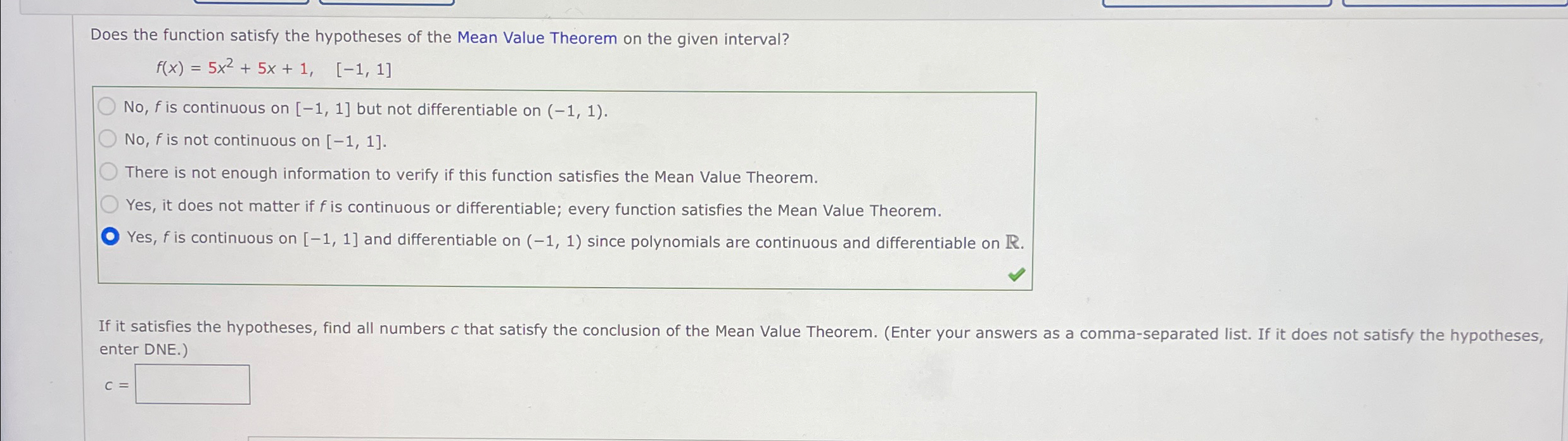 Solved Does the function satisfy the hypotheses of the Mean | Chegg.com