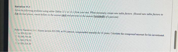 Solved Narrative 11-1 Solve the following moblens wing | Chegg.com