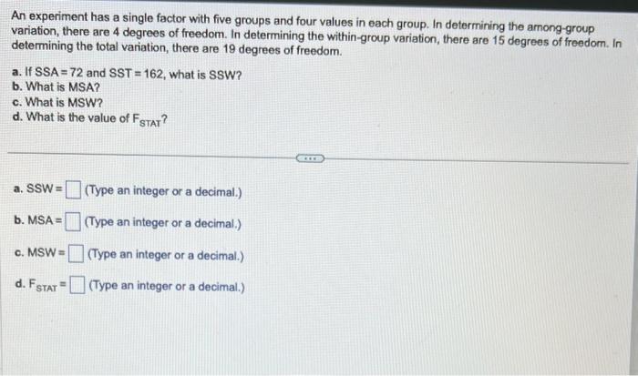 Solved An experiment has a single factor with five groups | Chegg.com
