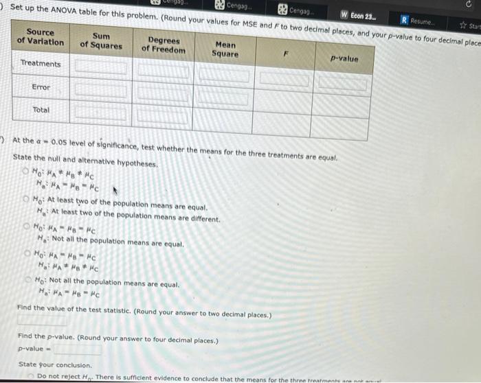 Solved a) Compute the sum of squares between treatments. b) | Chegg.com