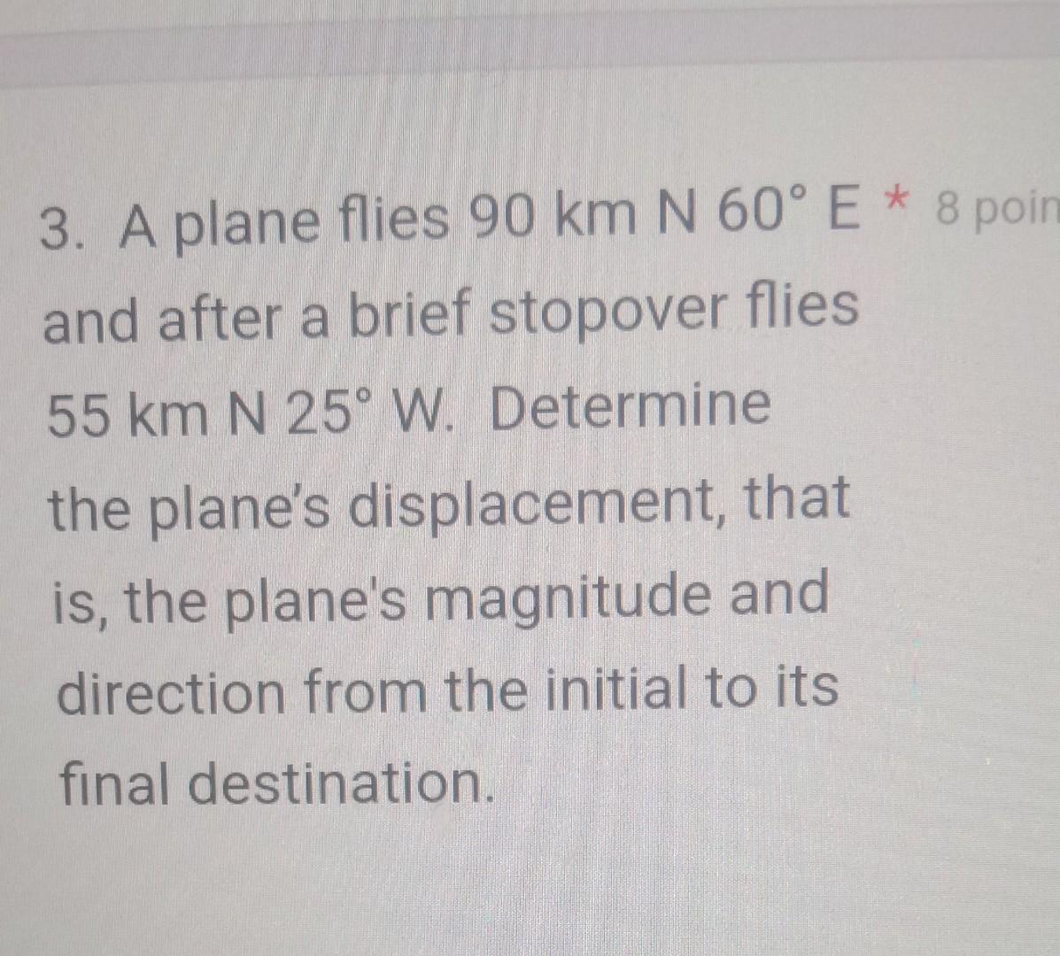Solved 3. A plane flies 90 km N60∘E and after a brief | Chegg.com