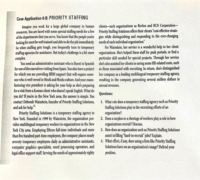 Solved Case Application 6-B: PRIORITY STAFFING | Chegg.com