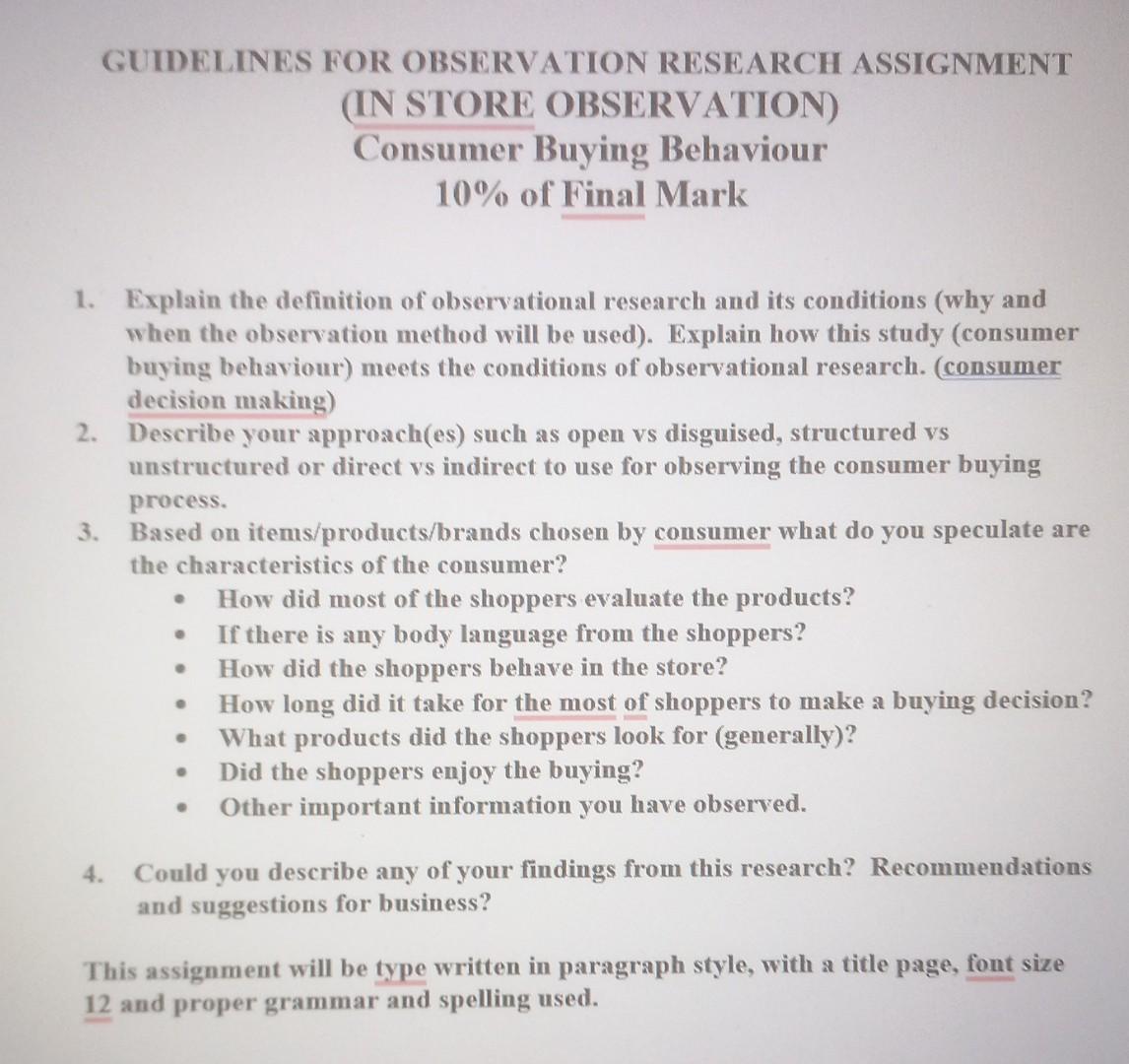 GUIDELINES FOR OBSERVATION RESEARCH ASSIGNMENT (IN | Chegg.com