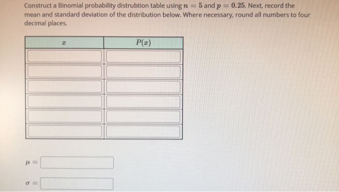Solved Construct a Binomial probability distrubtion table | Chegg.com