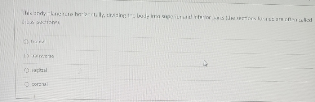 Solved This body plane runs horizontally, dividing the body | Chegg.com