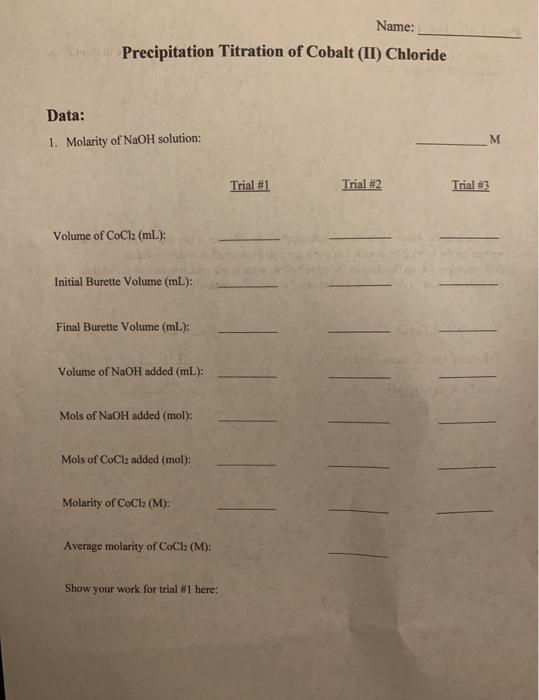 Name: Precipitation Titration of Cobalt (II) Chloride | Chegg.com