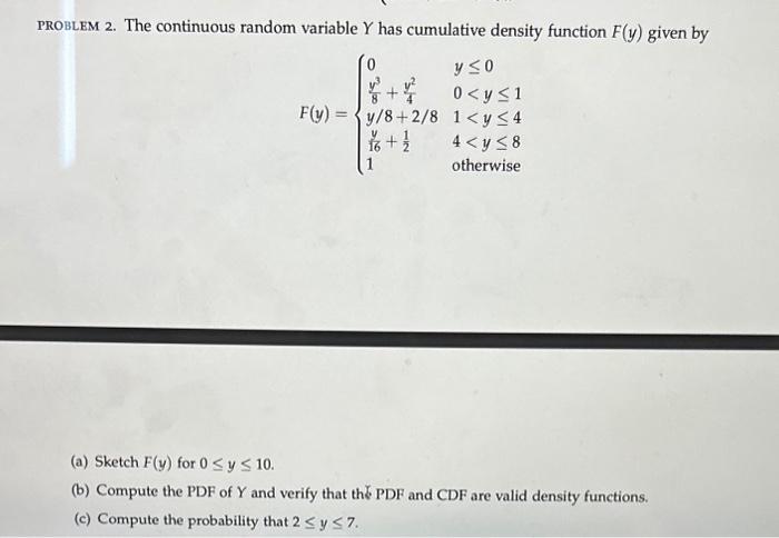 Solved PROBLEM 2. The continuous random variable Y has | Chegg.com