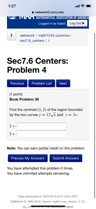 Solved 1:27 V. webwork 2.uncc.edu MATHEMATICAL ASSOCIATION | Chegg.com