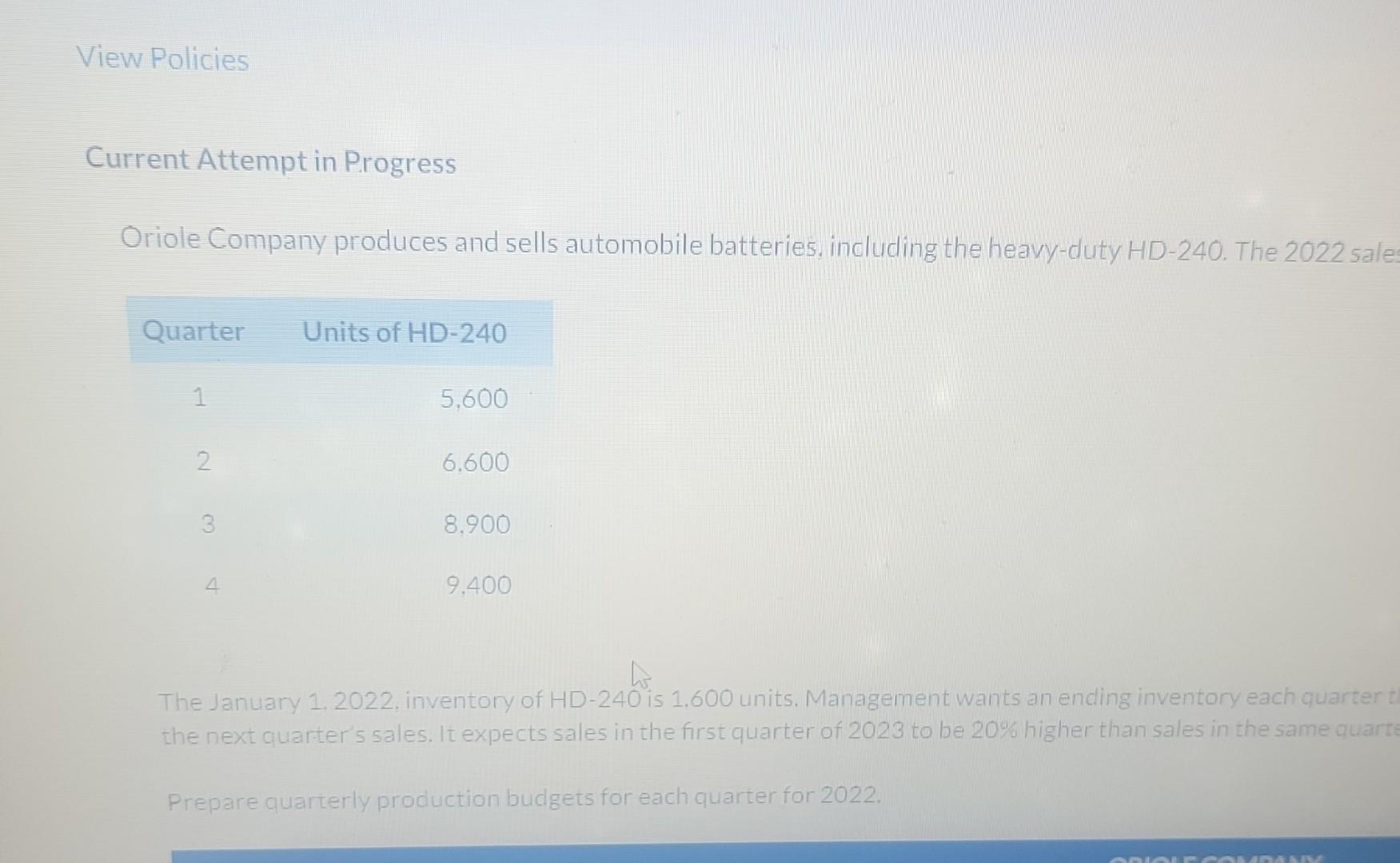 Solved Current Attempt in Progress Oriole Company produces | Chegg.com