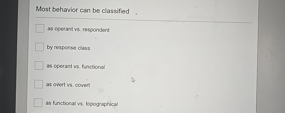 Solved Most behavior can be classifiedas operant vs. | Chegg.com