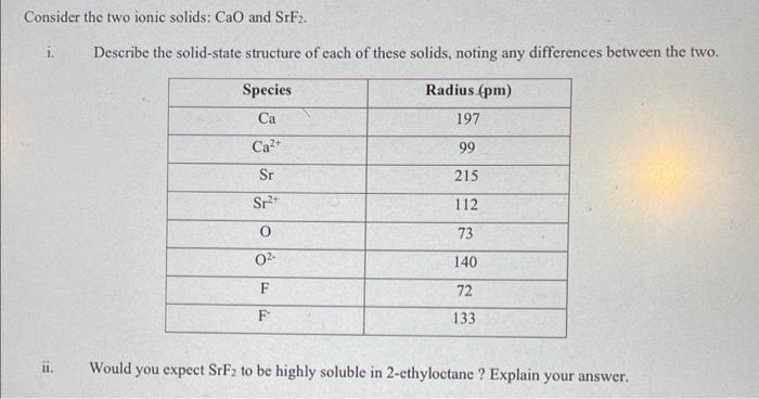 Solved Consider the two ionic solids: CaO and SrF2. i. | Chegg.com