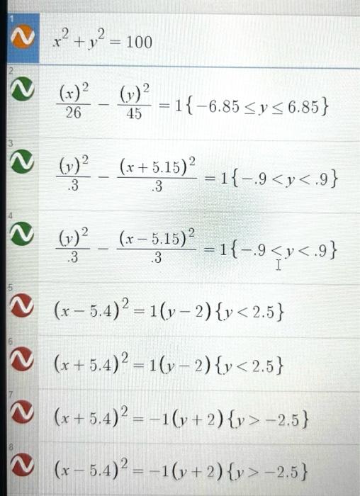 Solved x2+y2=100 26(x)2−45(y)2=1{−6.85≤y≤6.85} | Chegg.com