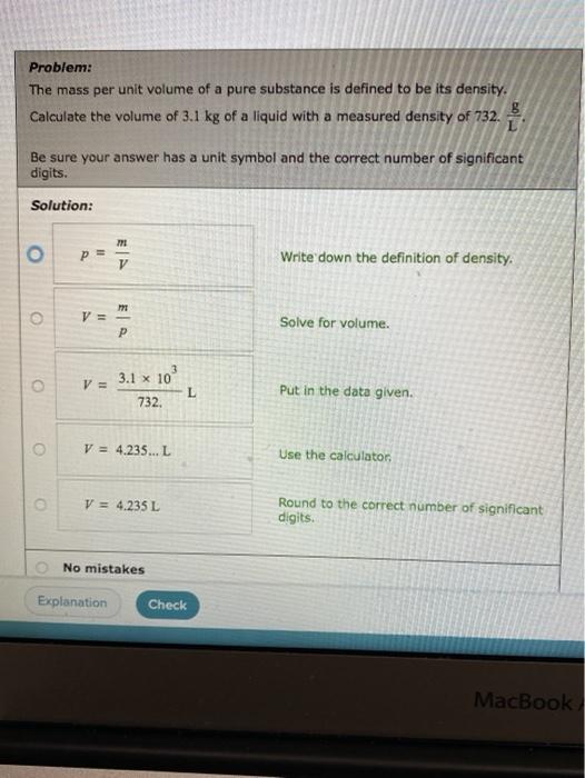 Solved Problem: The mass per unit volume of a pure substance | Chegg.com