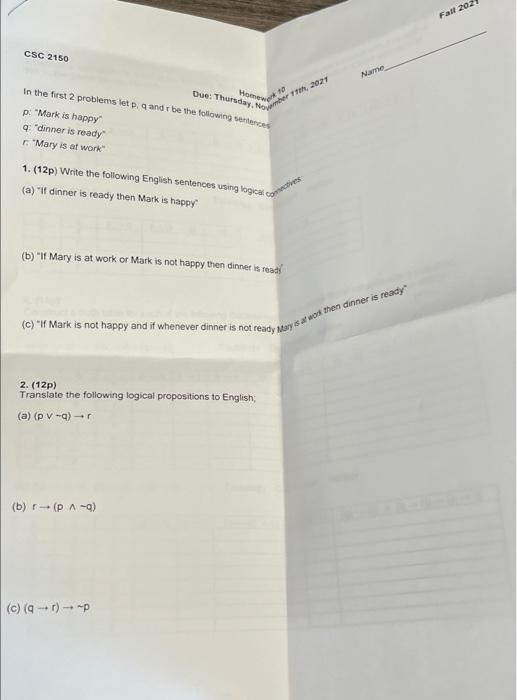 Solved Fall 203 CSC 2150 Name In the first 2 problems et p.9 | Chegg.com
