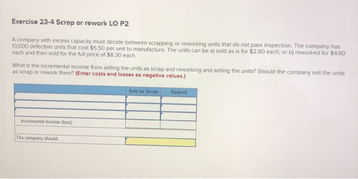 Solved Exercise 23-4 Scrap or rework LO P2 A company with | Chegg.com