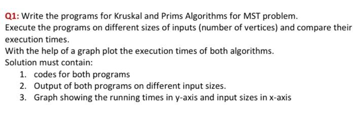 Solved Q1: Write the programs for Kruskal and Prims | Chegg.com