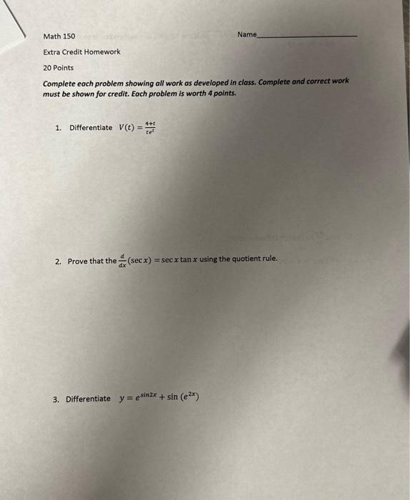 Solved Math 150 Name Extra Credit Homework 20 Points | Chegg.com