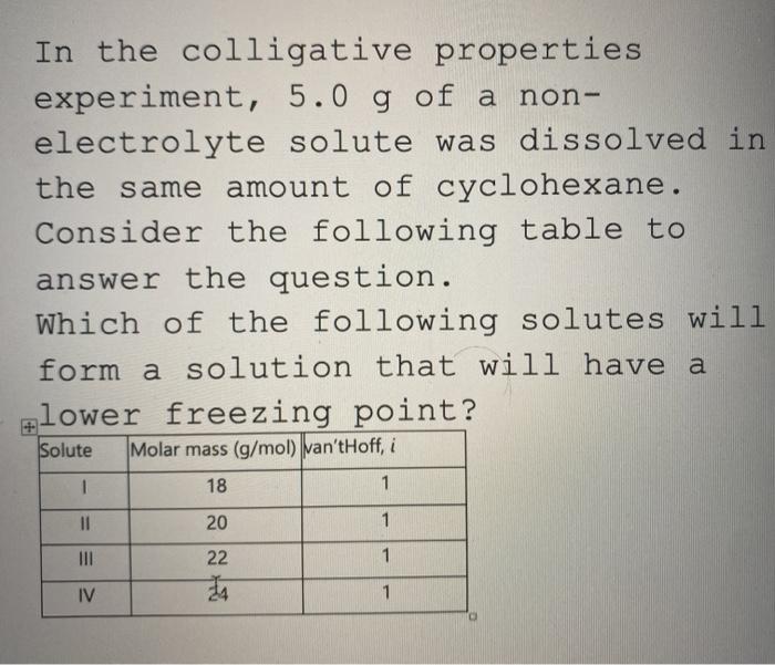 Solved In the colligative properties experiment, 5.0 g of a | Chegg.com
