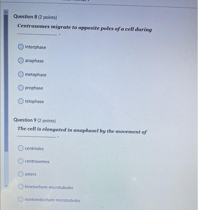 Solved Question 8 (2 points) Centrosomes migrate to opposite | Chegg.com