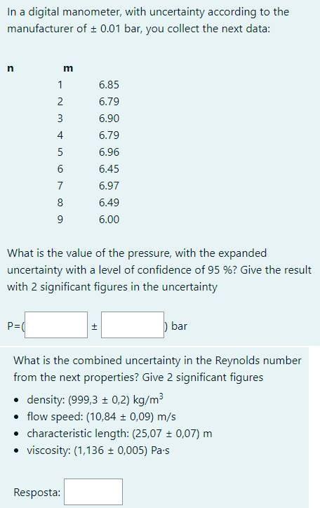 Solved In a digital manometer, with uncertainty according to | Chegg.com
