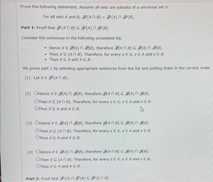 Solved Prove the following statement. Assume all sets are | Chegg.com