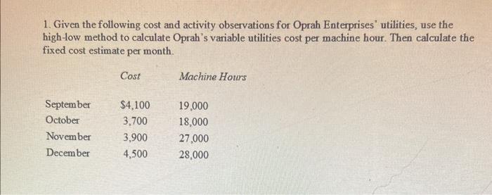 Solved 1. Given the following cost and activity observations | Chegg.com