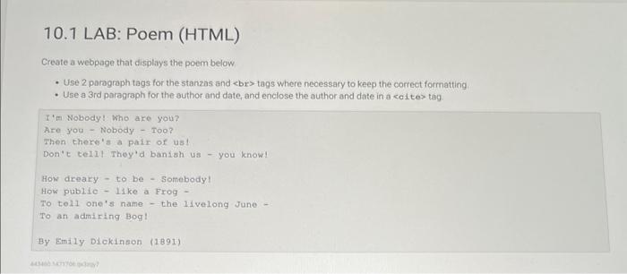 Solved 10.1 LAB: Poem (HTML) Create a webpage that displays | Chegg.com