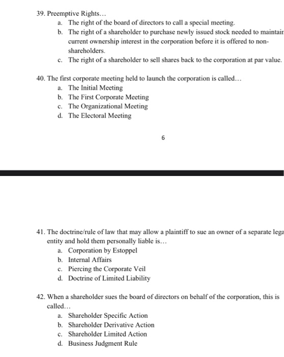 Solved 39. Preemptive Rights... a. The right of the board of | Chegg.com
