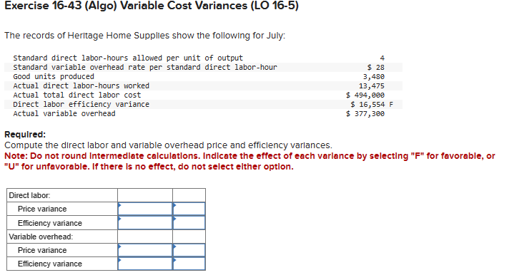 Solved Exercise 16-43 (Algo) ﻿Variable Cost Variances (LO | Chegg.com
