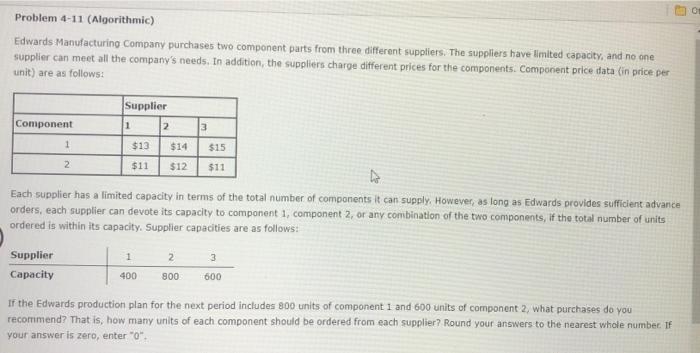 Solved Problem 4-11 (Algorithmic) Edwards Manufacturing | Chegg.com