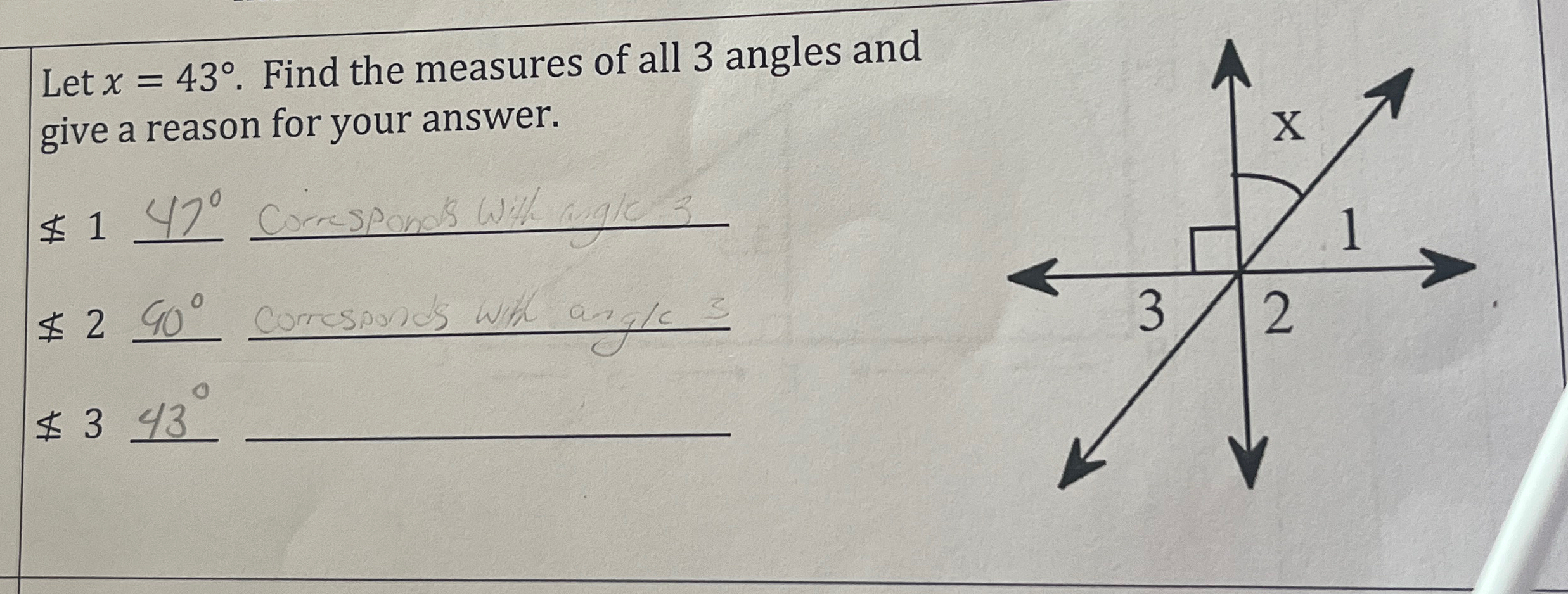 Solved Let x=43°. ﻿Find the measures of all 3 ﻿angles | Chegg.com