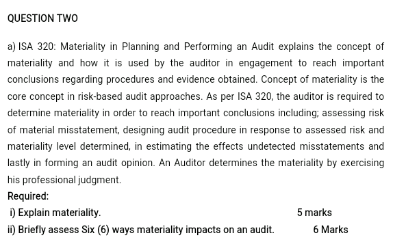 Solved QUESTION TWO a) ISA 320: Materiality in Planning and | Chegg.com
