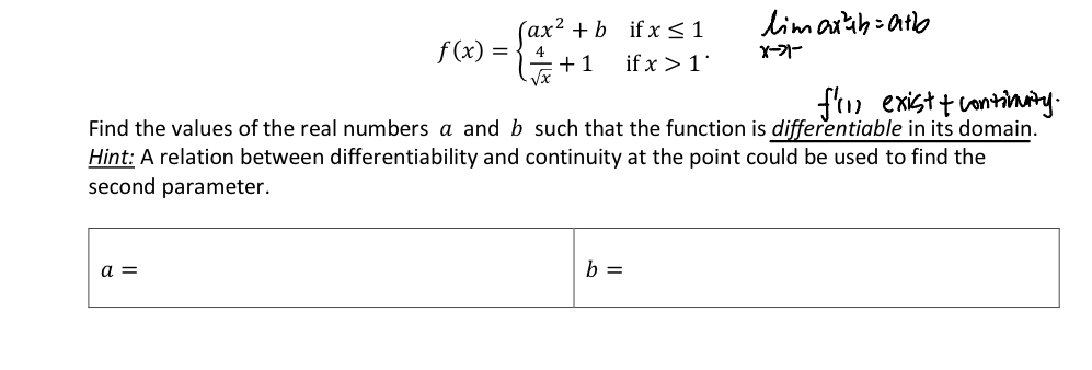 Solved f(x)={ax2+b if x≤14x2+1 if x>1.Find the values of the | Chegg.com