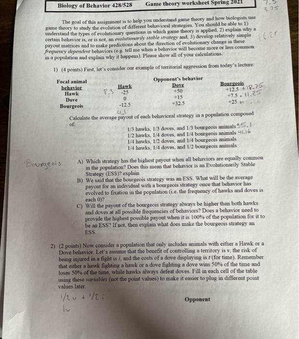 Biology of Behavior 428/528 Game theory worksheet | Chegg.com