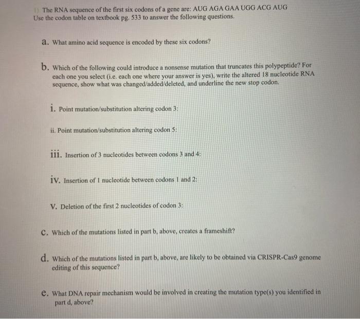 Solved The RNA sequence of the first six codons of a gene | Chegg.com