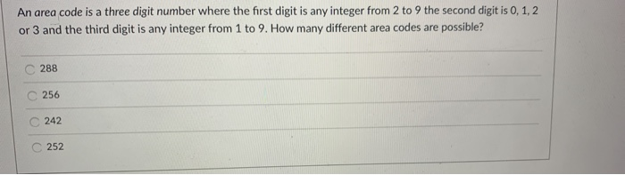Solved An area code is a three digit number where the first | Chegg.com