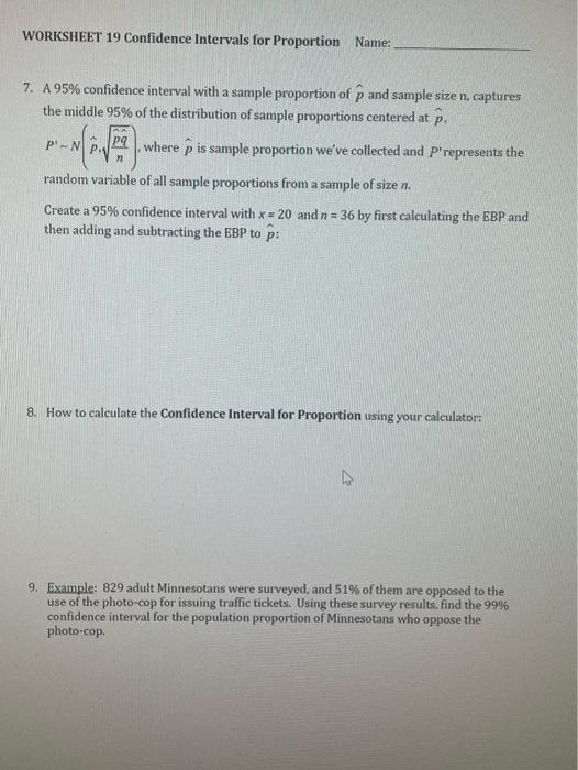 Solved WORKSHEET 19 Confidence Intervals for Proportion | Chegg.com