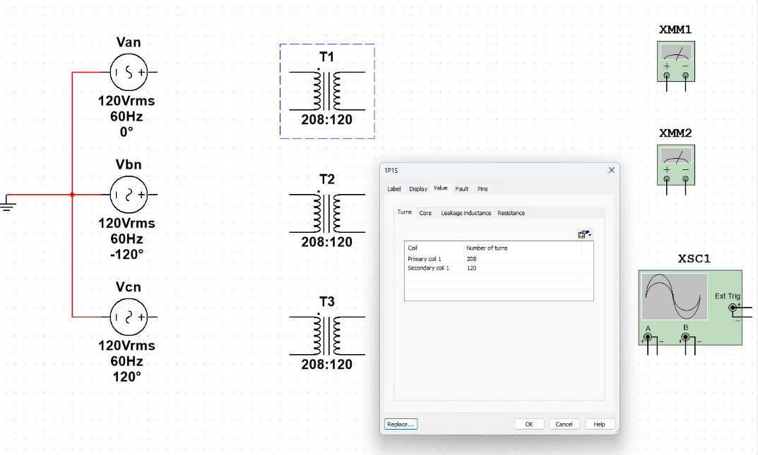 Simulate the three-phase transformer in multisim | Chegg.com