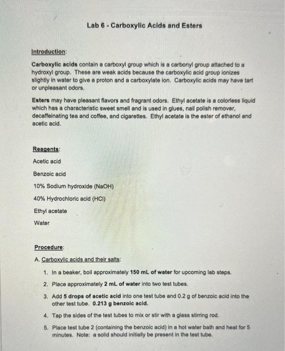 Solved Lab 6 - Carboxylic Acids and Esters Introduction | Chegg.com