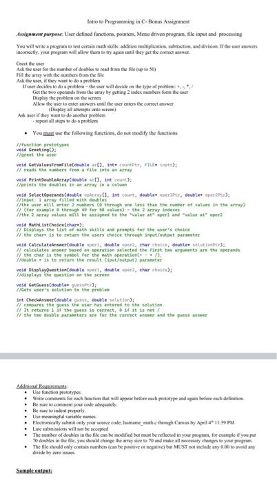 Solved Intro to Programming in C Bonus Assignment Assignment | Chegg.com